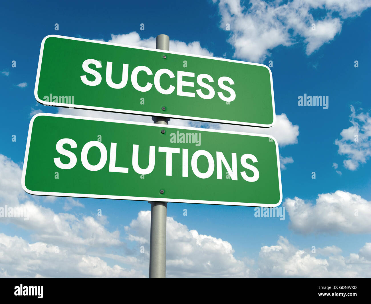 A road sign with success solutions words on sky background Stock Photo ...
