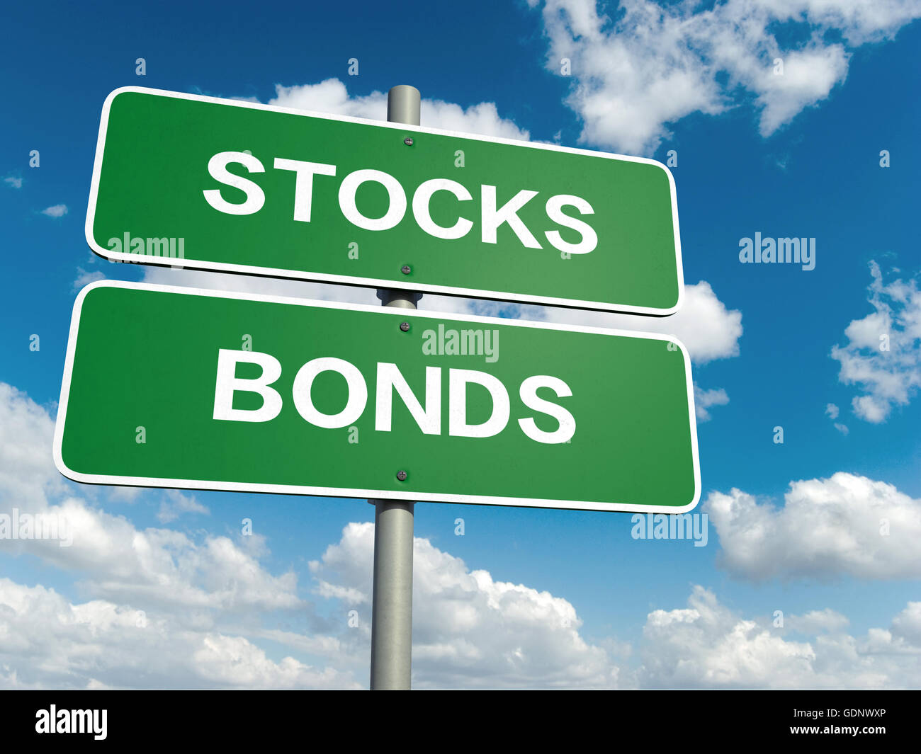 A road sign with bonds stocks words on sky background Stock Photo - Alamy