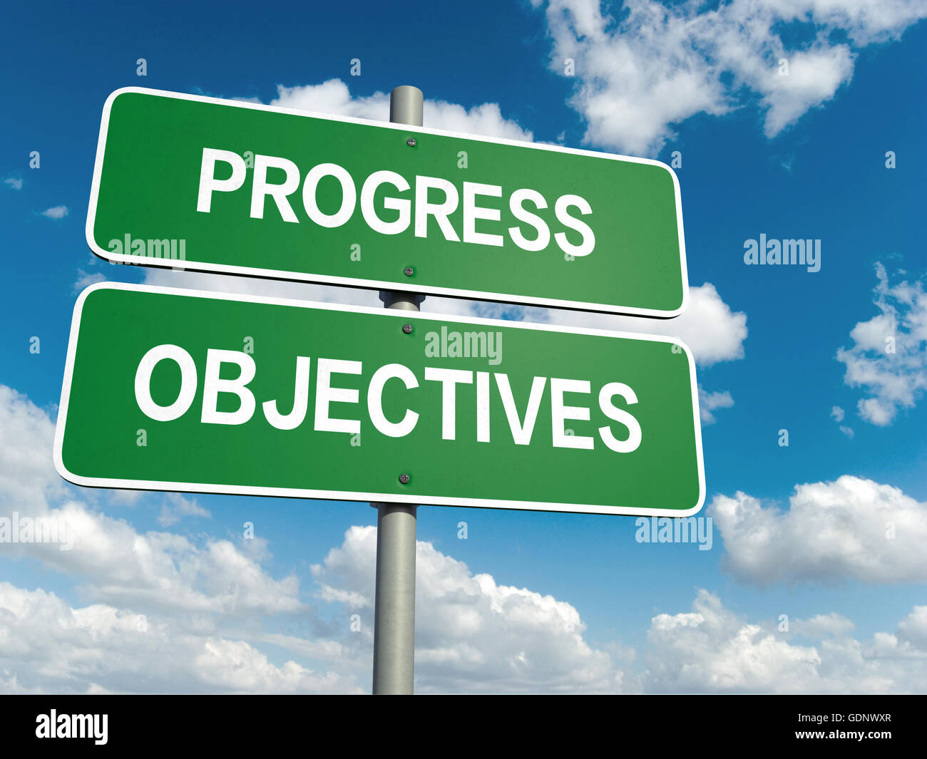 A road sign with progress objectives words on sky background Stock ...