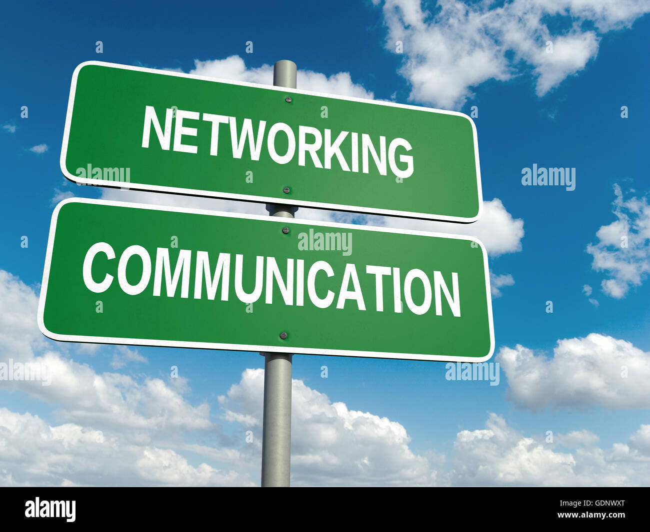 A road sign with networking communication words on sky background Stock ...