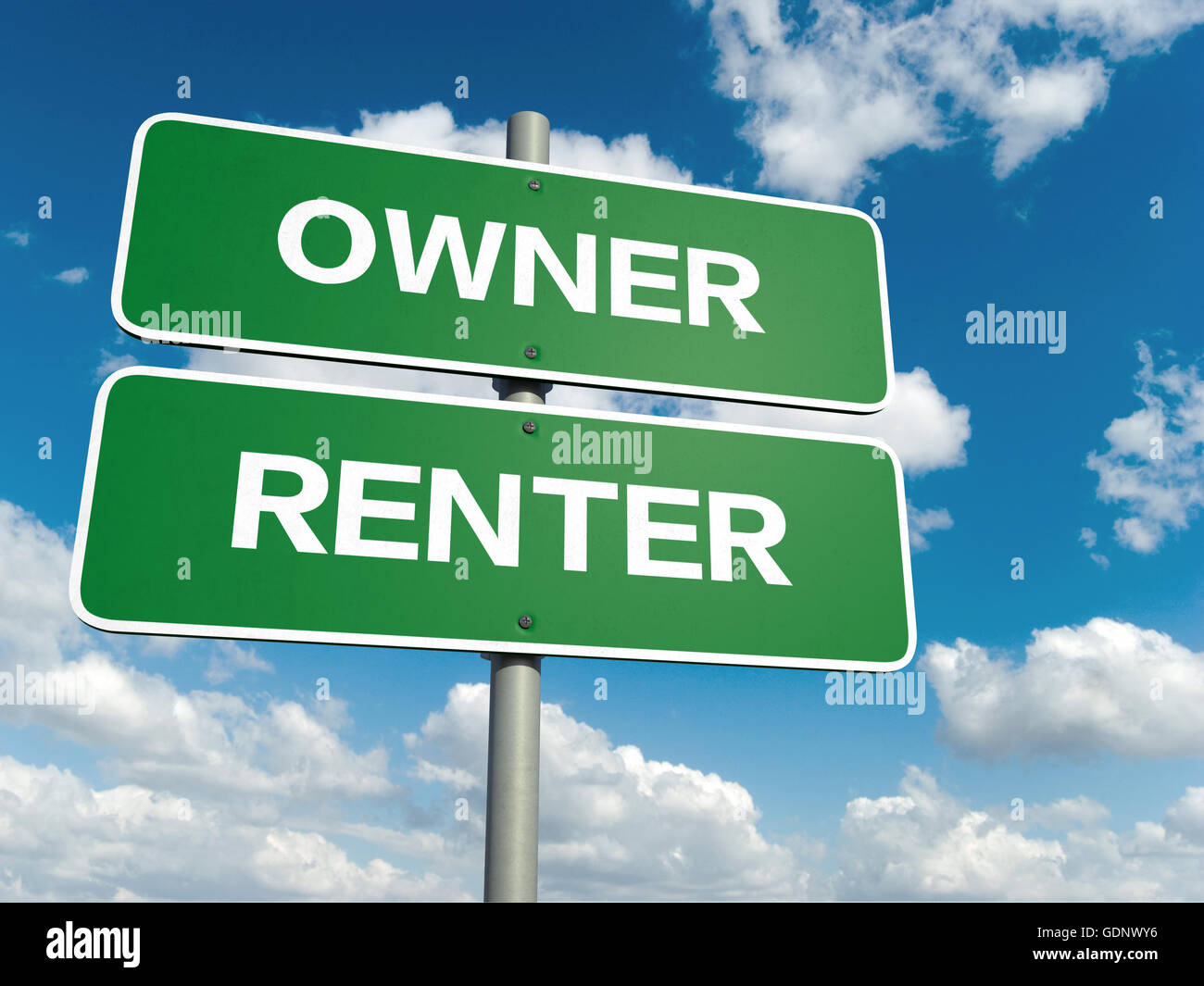 A road sign with owner renter words on sky background Stock Photo - Alamy