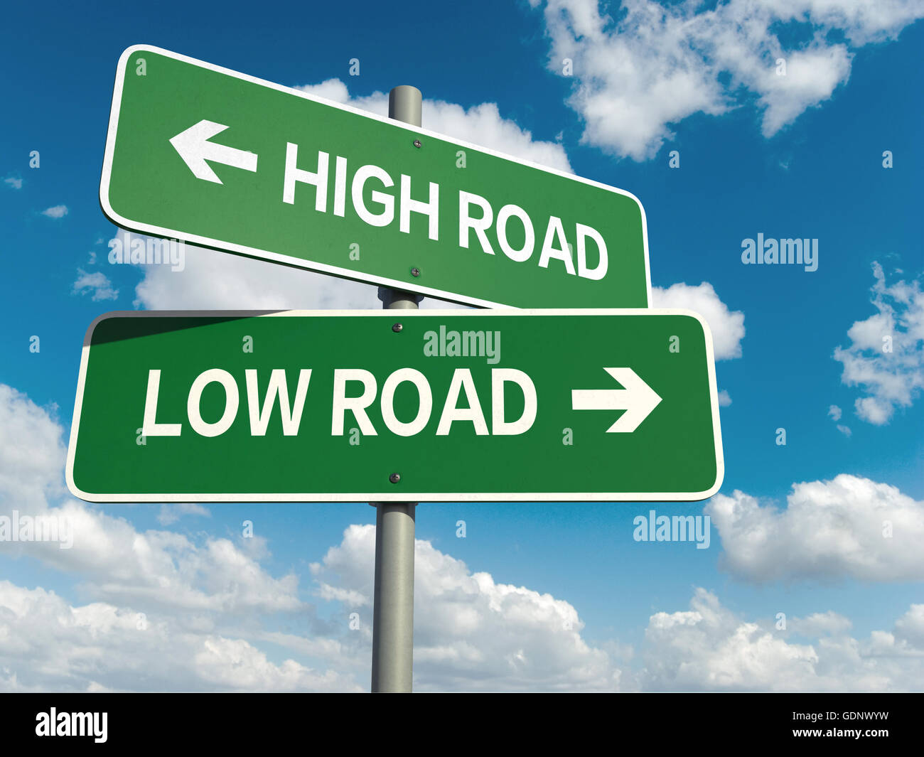 A road sign with high road low road words on sky background Stock Photo ...