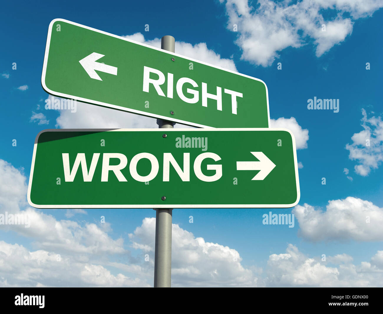 A road sign with right wrong words on sky background Stock Photo - Alamy