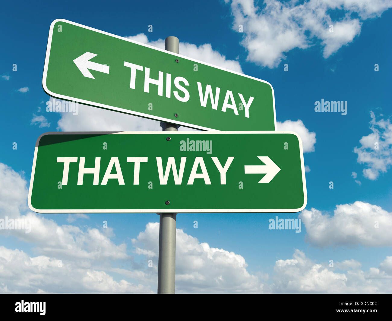 A road sign with this way that way words on sky background Stock Photo ...