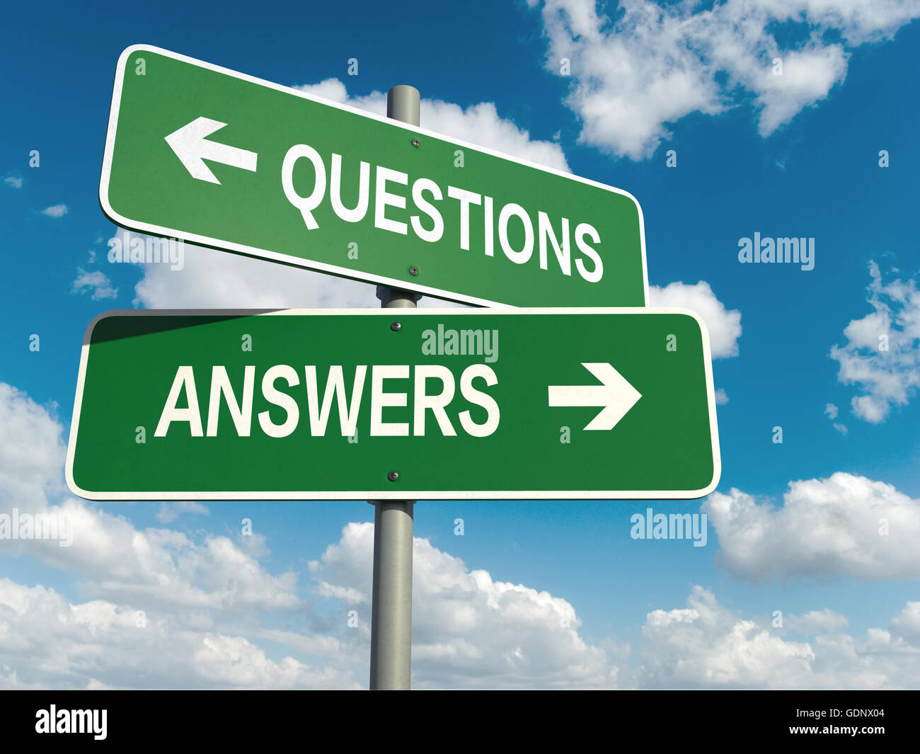 A road sign with questions answers words on sky background Stock Photo ...