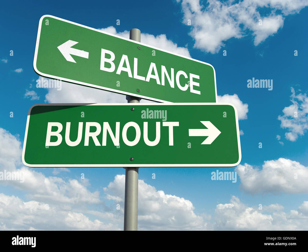 A road sign with balance burnout words on sky background Stock Photo ...