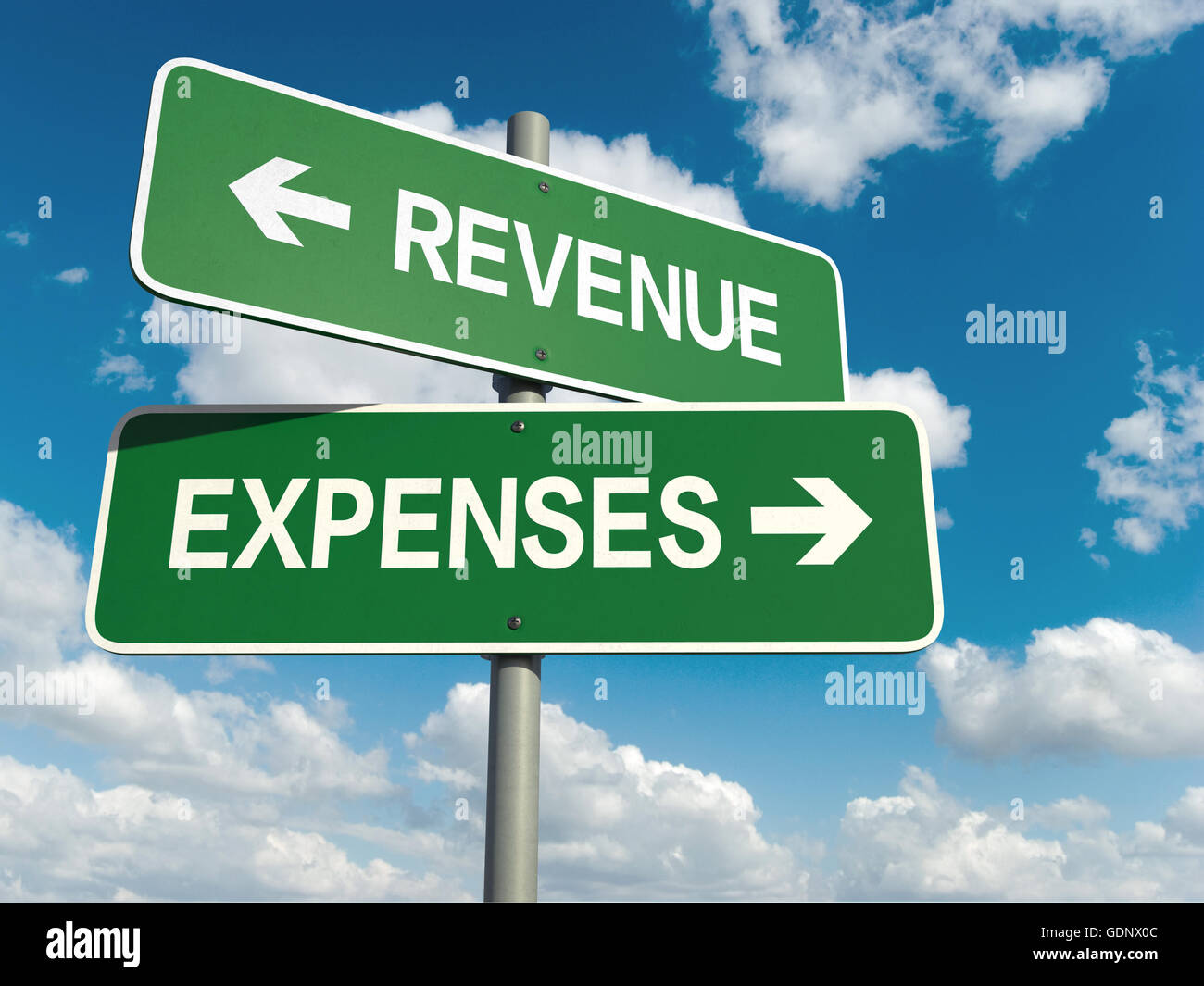 A road sign with revenue expenses words on sky background Stock Photo ...