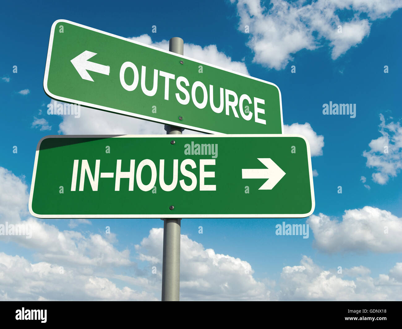 A road sign with outsource inhouse words on sky background Stock Photo ...