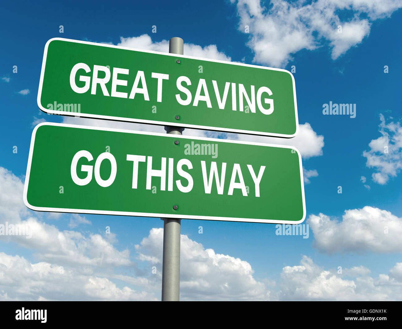 A road sign with great saving words on sky background Stock Photo - Alamy