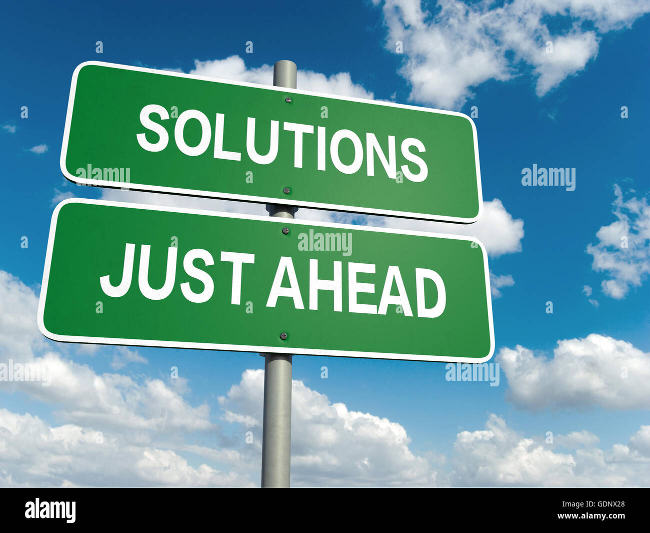 A road sign with solutions words on sky background Stock Photo - Alamy