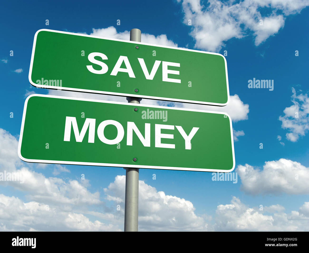 A road sign with save money words on sky background Stock Photo - Alamy