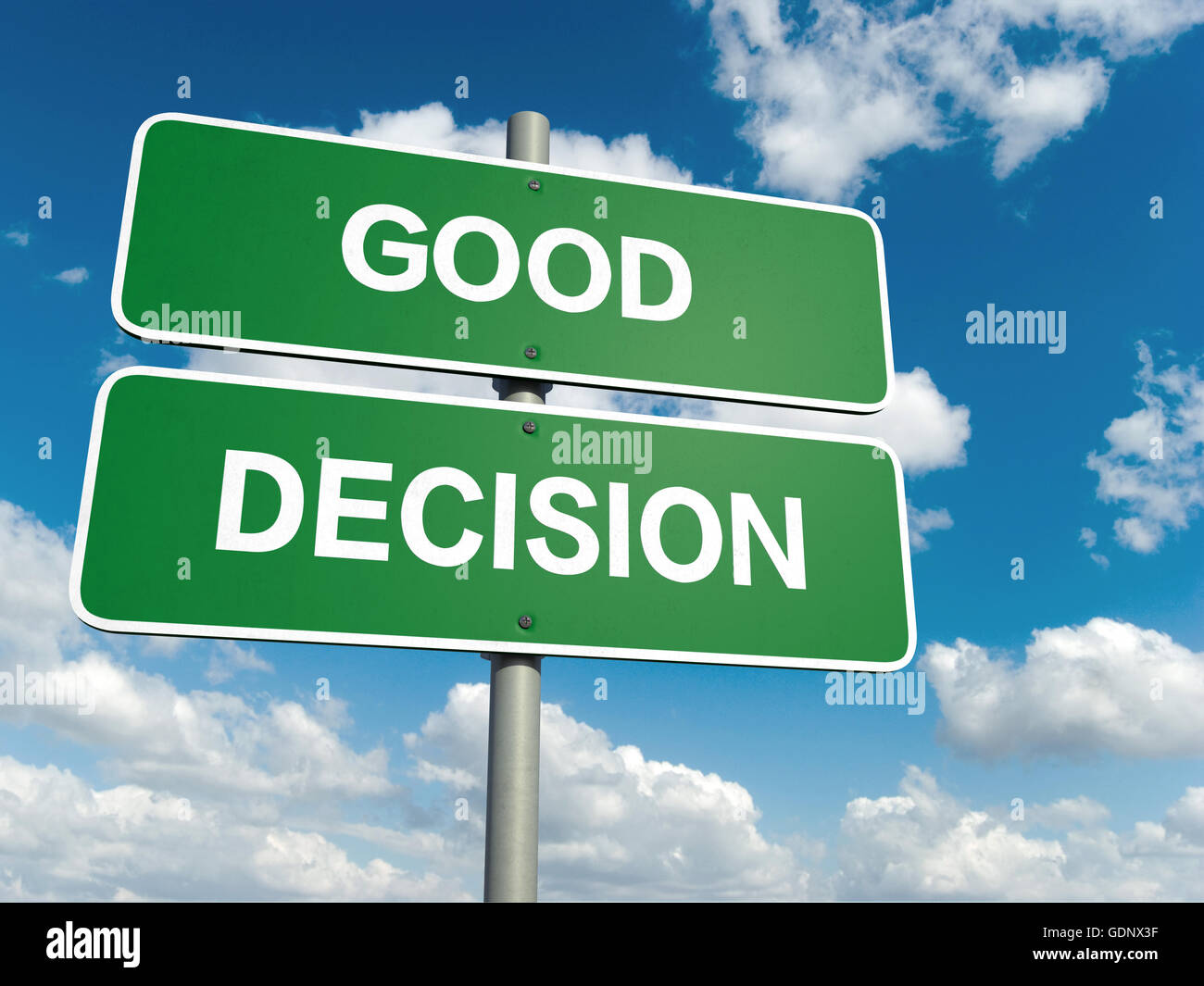 A road sign with good decision words on sky background Stock Photo - Alamy