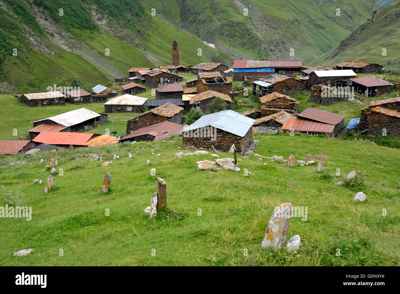 geography / travel, Georgia, Tusheti, Parsma, village with graveyard ...