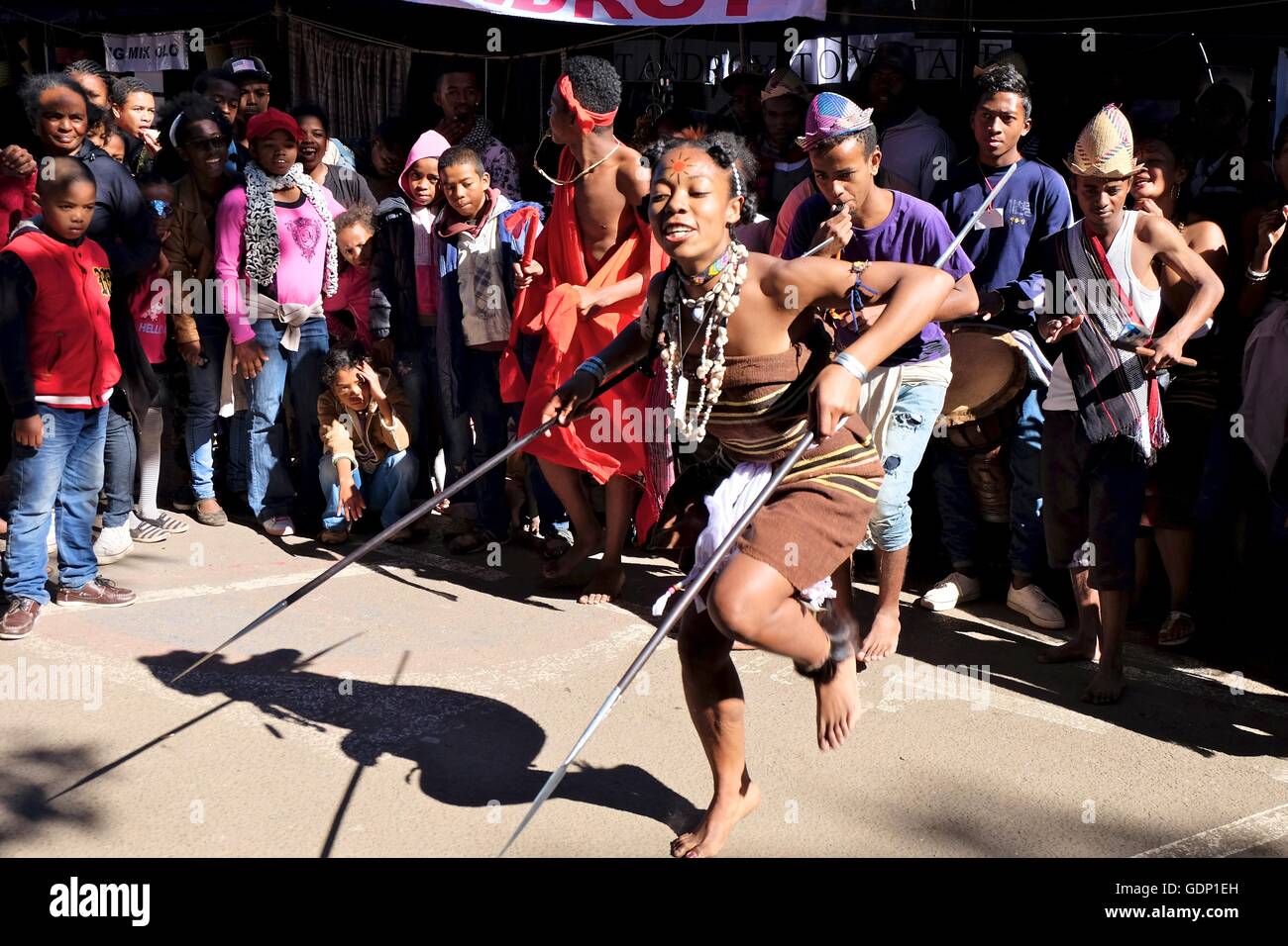 Antananarivo, Madagascar—19 June 2016. Malagasy woman with spears ...