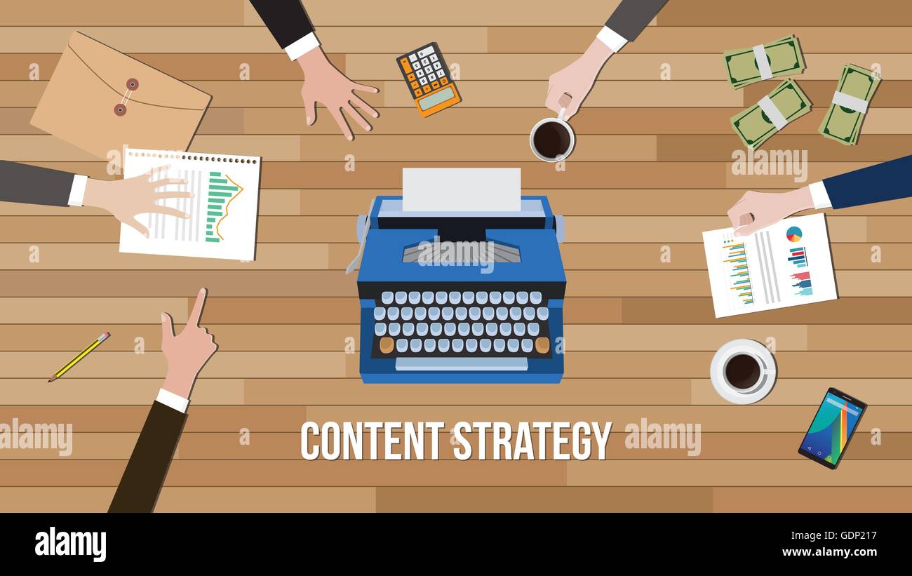 content strategy concept team work together with paper document chart ...