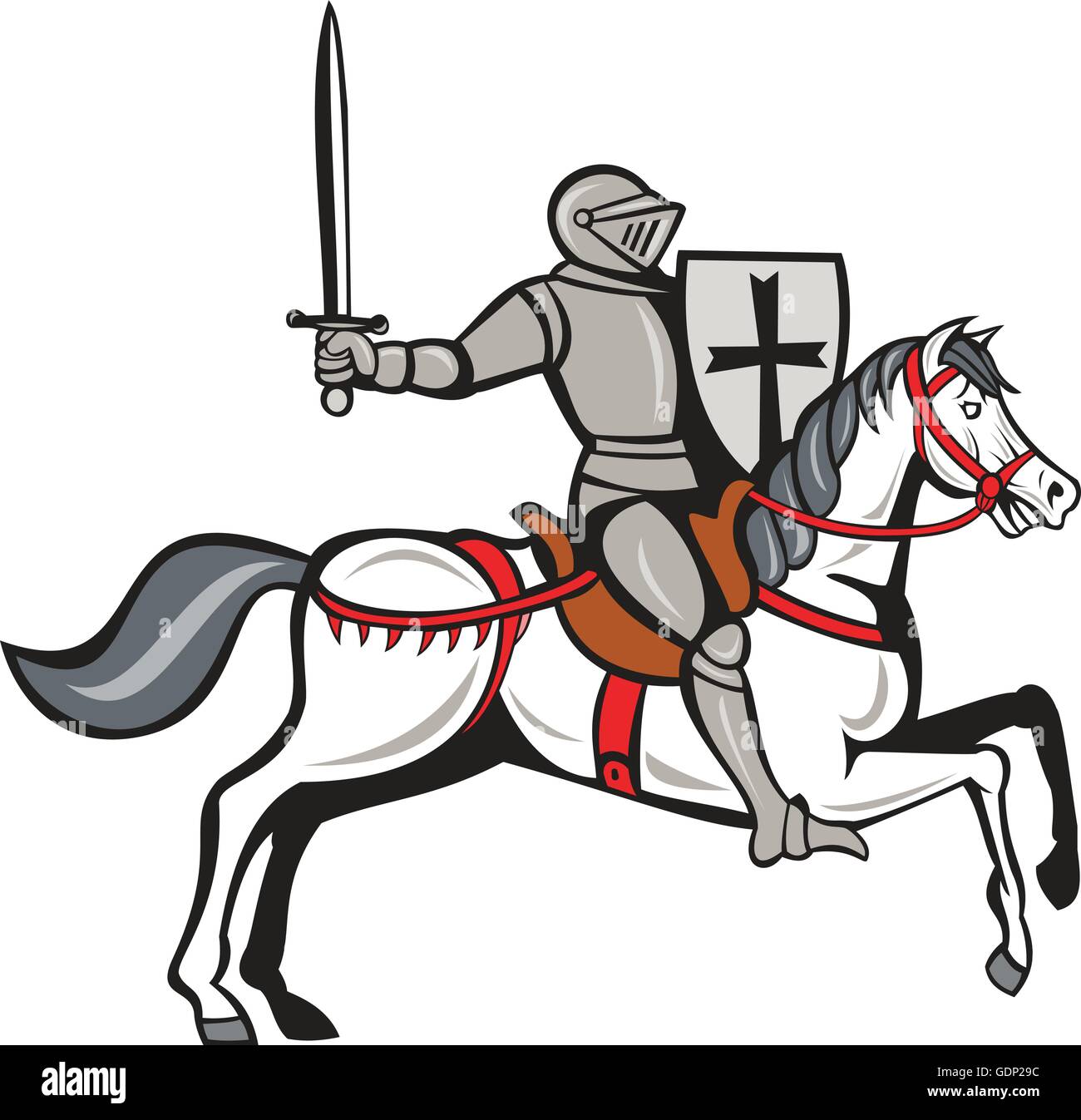 Cartoon style illustration of a knight wearing armor riding on his ...