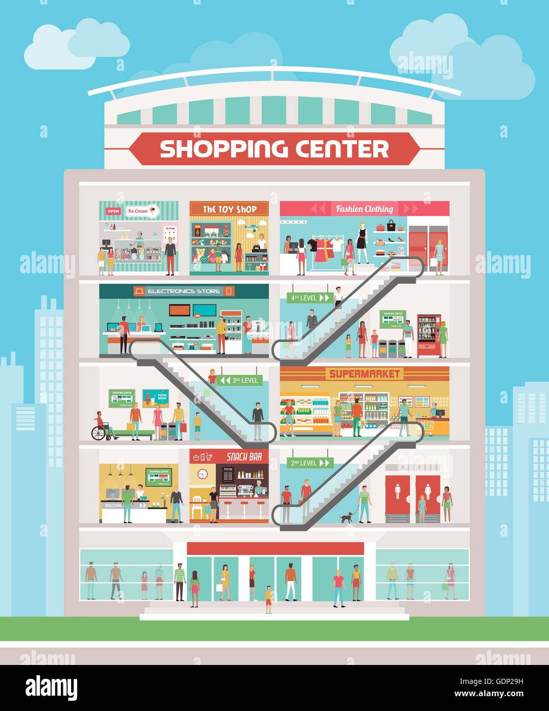 Shopping center building with bar, reception, supermarket, electronics ...