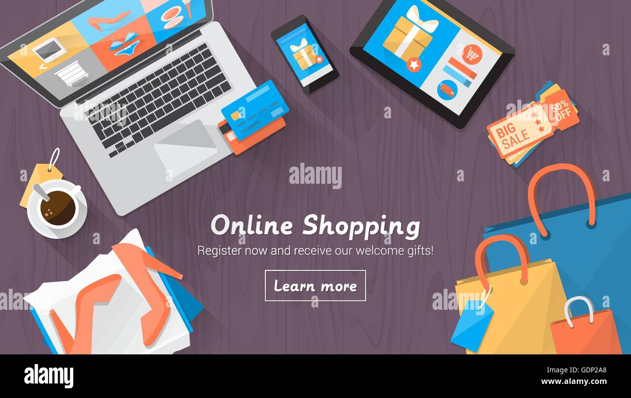 Online shopping concept desktop with computer, table, shopping bags ...