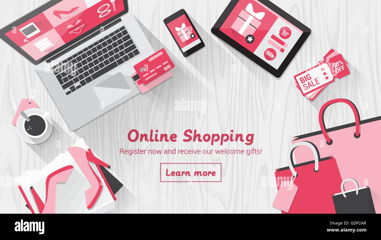 Online shopping concept desktop with computer, table, shopping bags ...