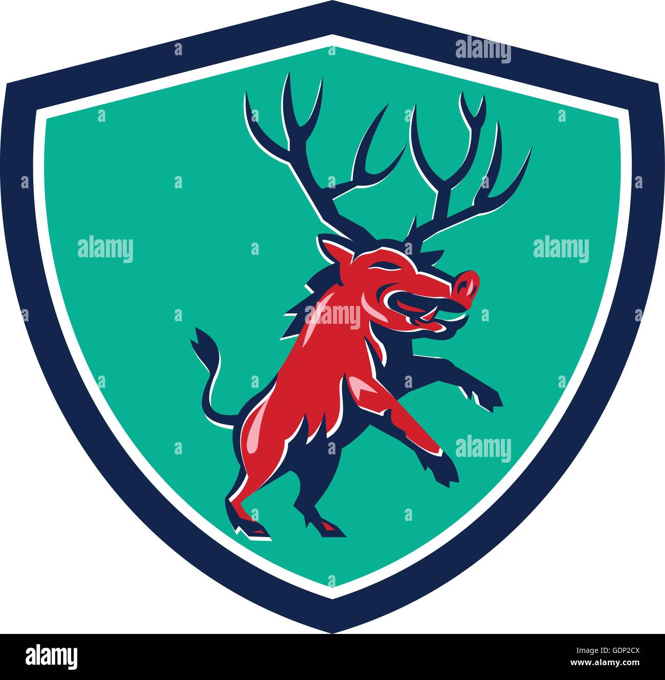 Illustration of a wild pig boar razorback with antlers prancing viewed ...