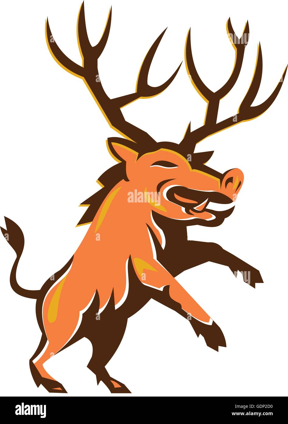 Illustration of a wild pig boar razorback with antlers prancing viewed ...