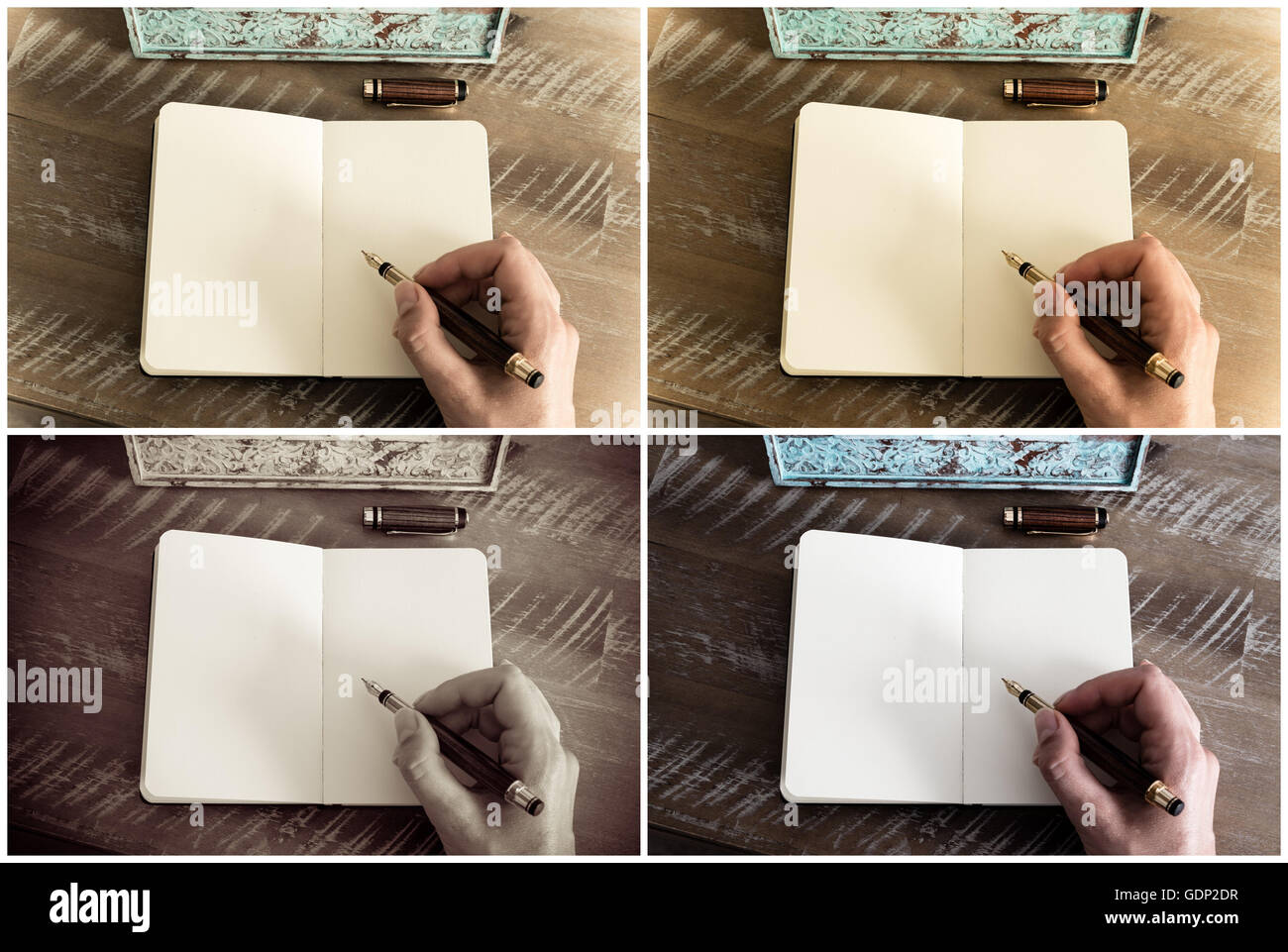 Photo Collage with various Retro effects of a woman hand writing a note ...