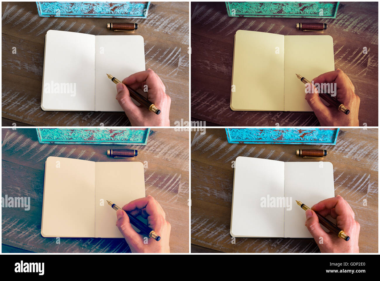 Photo Collage with various Retro effects of a woman hand writing a note ...