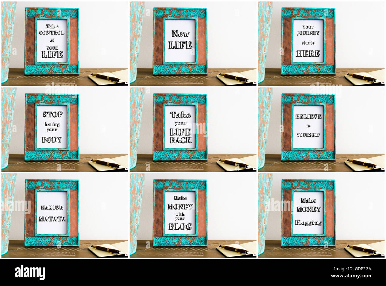 Collage of photo frames with various motivational texts Stock Photo - Alamy