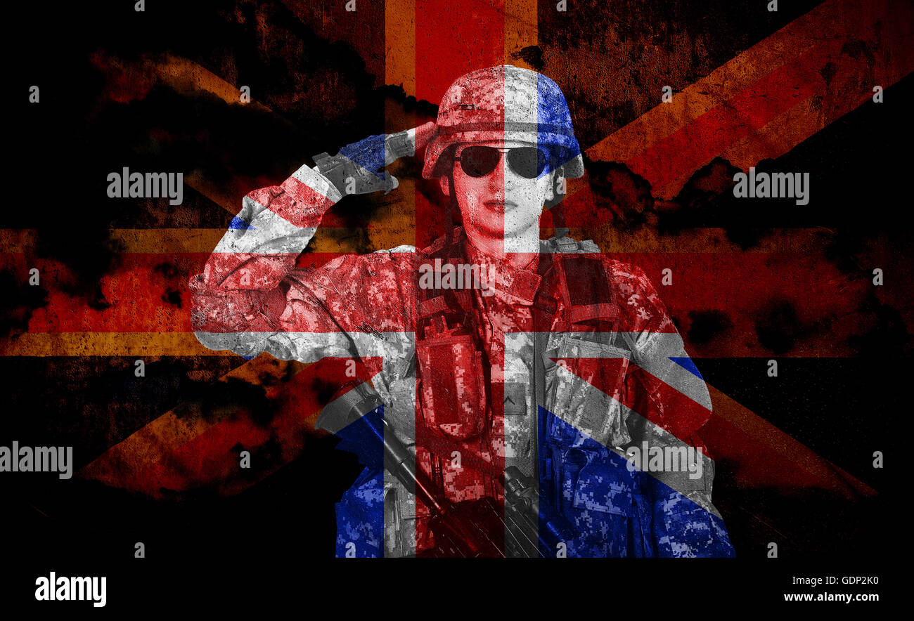 soldier salutes on a grunge England flag background, double exposure ...