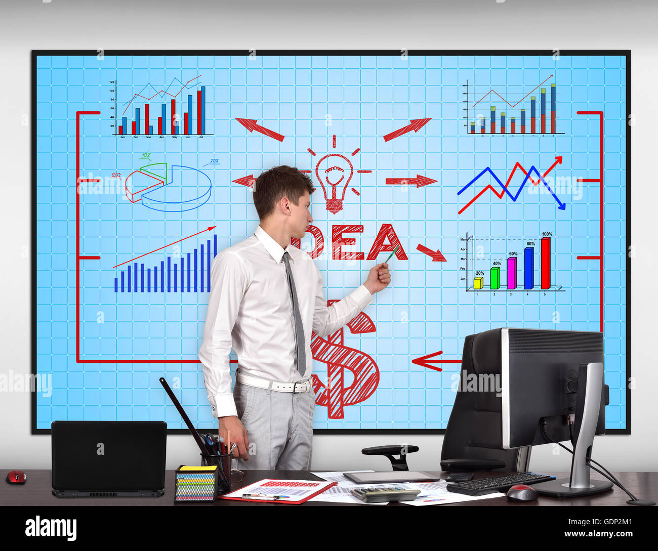 businessman in conference room pointing to idea scheme on screen Stock ...