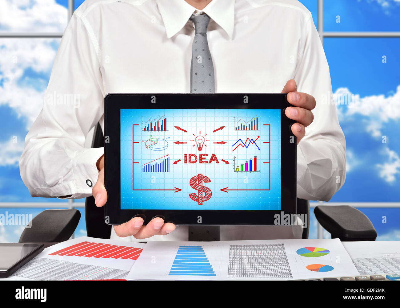 businessman holding touch pad with idea concept on screen Stock Photo ...