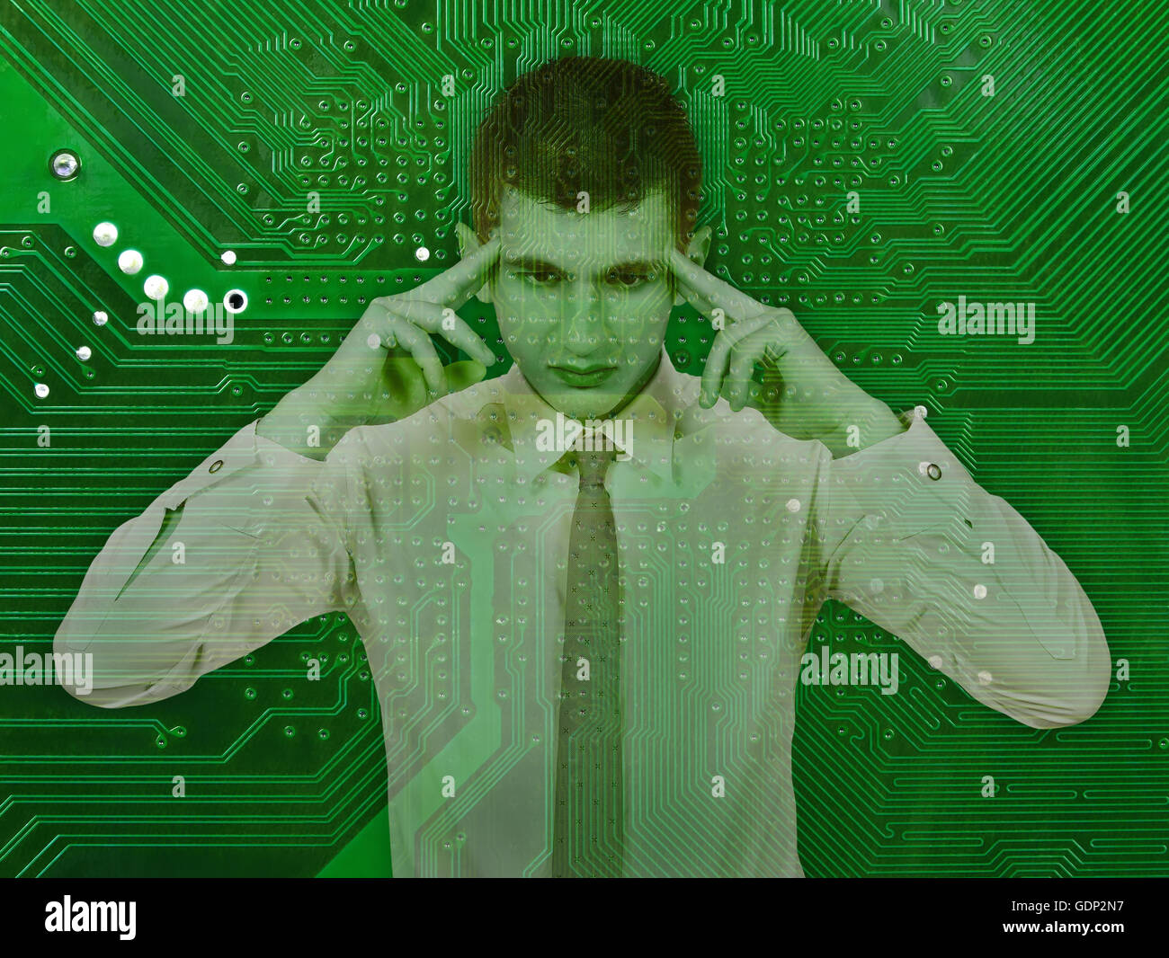 businessman thinking on a green computer circuit board background Stock ...