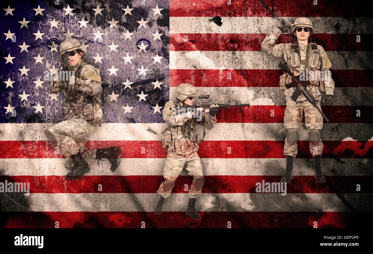 Soldiers in combat readiness on a usa flag background, double exposure ...