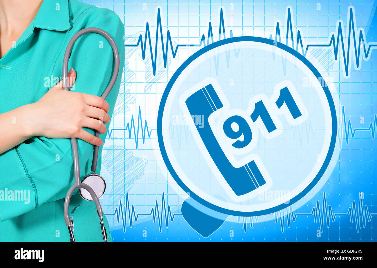woman doctor and 911 symbol on blue background Stock Photo - Alamy
