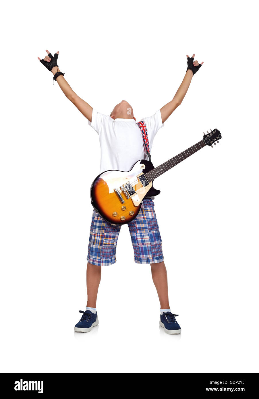 happy rocker boy with guitar on a white background Stock Photo - Alamy