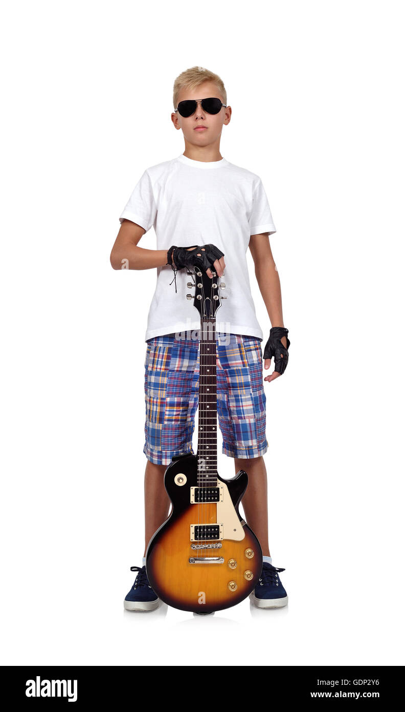 rocker boy with guitar on a white background Stock Photo - Alamy