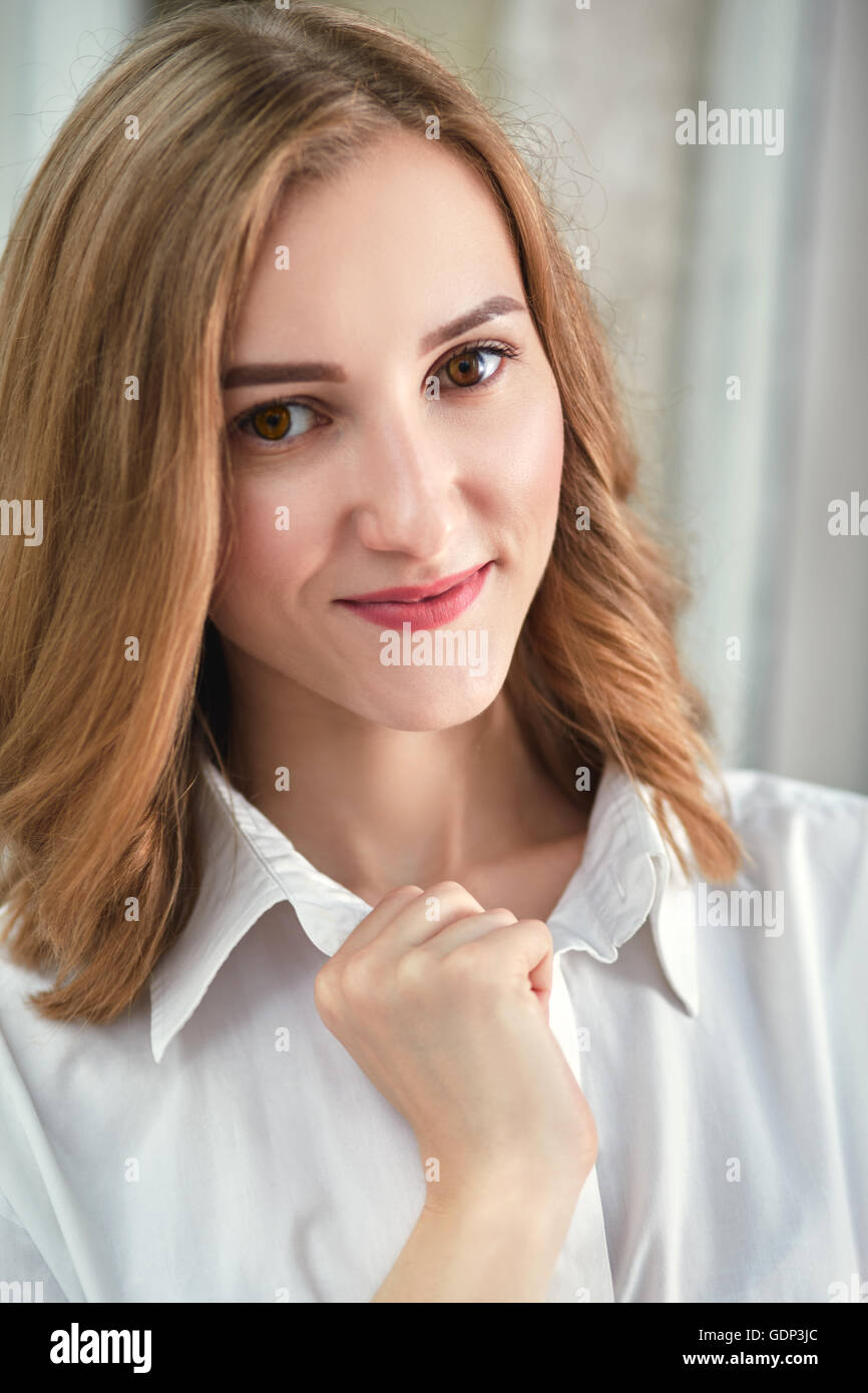 happy woman with long hair smiling portrait Stock Photo - Alamy