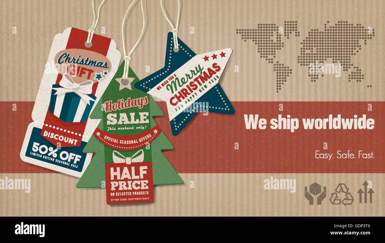 Worldwide shipping and sales banner with tag, carton box background and ...