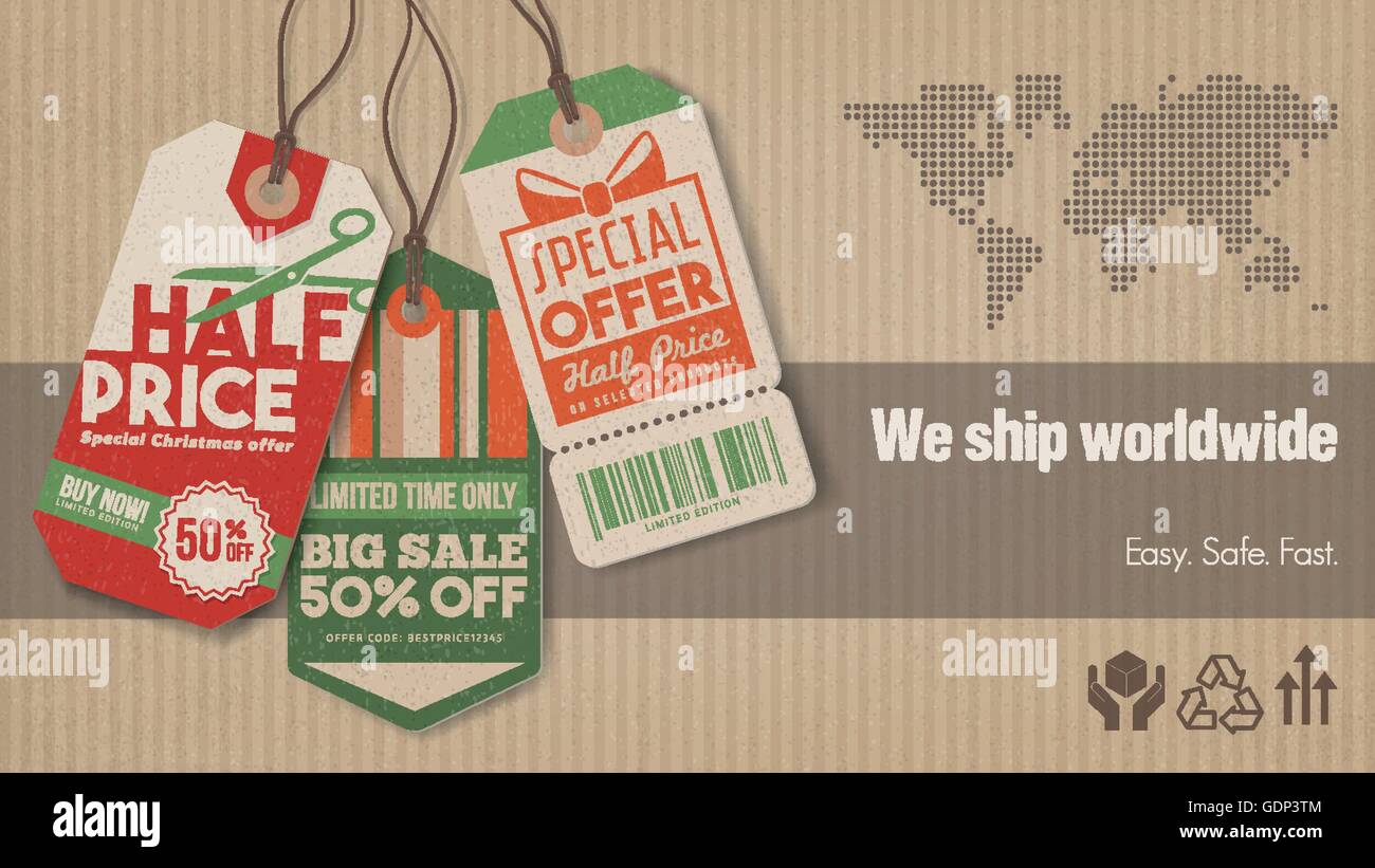 Worldwide shipping and sales banner with vintage tags, carton box ...