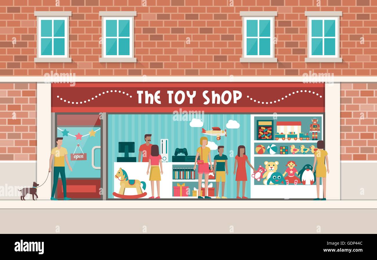 Toy shop display with customers and children, toys and videogames on ...