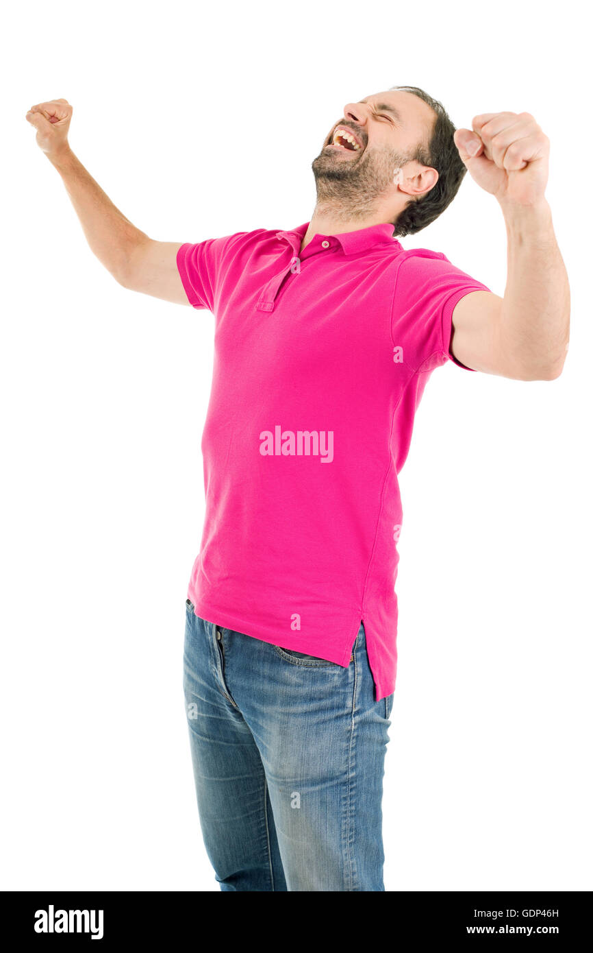 happy young man winning with open arms, isolated on white background ...