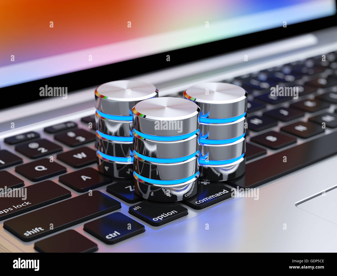 Big data, hard disk drive, metal data storage icon on the laptop ...