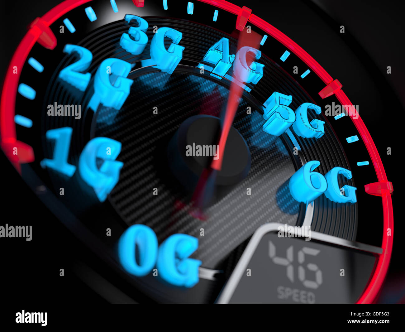 Wireless network speed concept, speedometer 4G evolution. 3d rendering ...