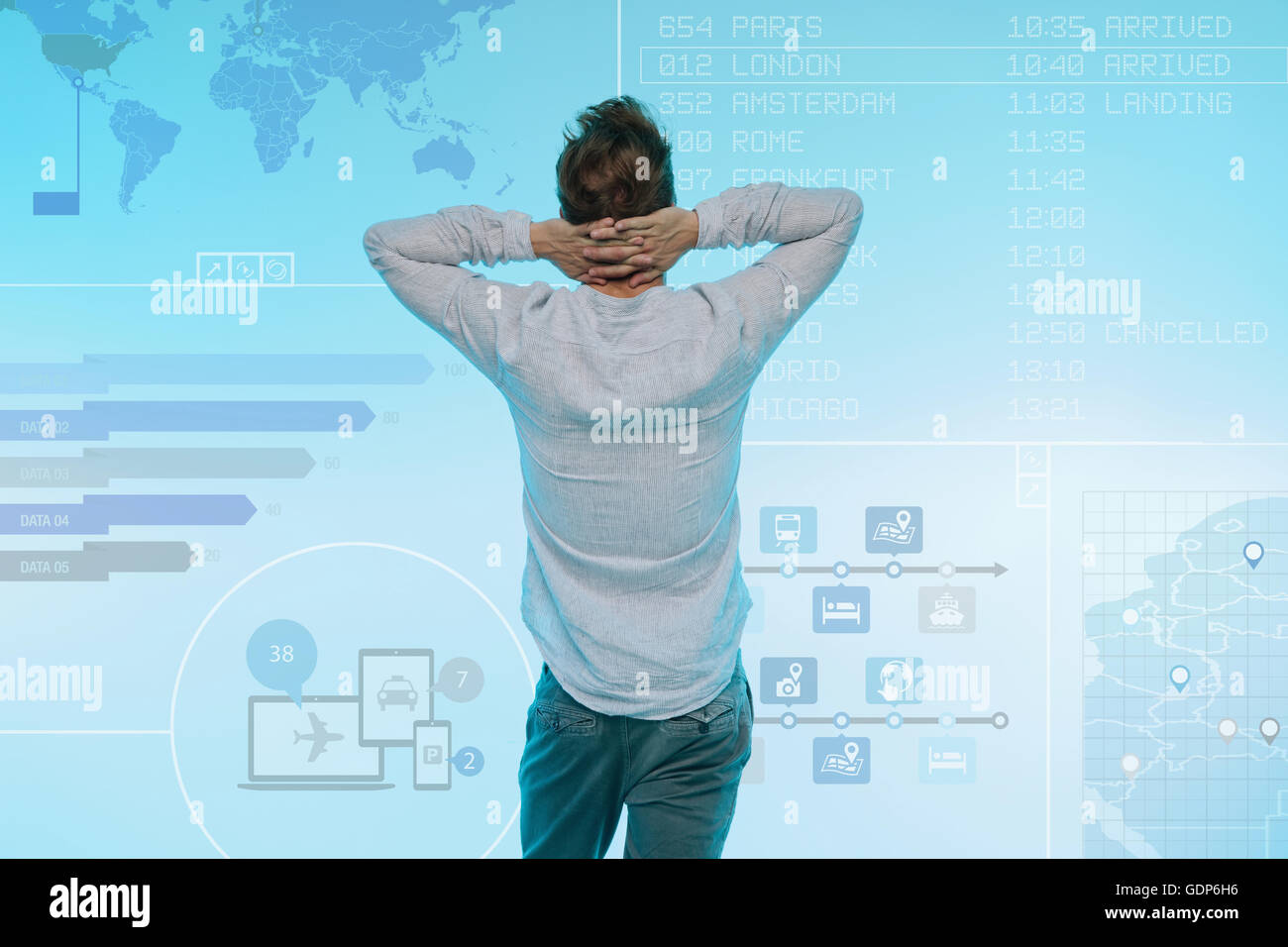 Man looking at information on graphical screen, rear view Stock Photo ...