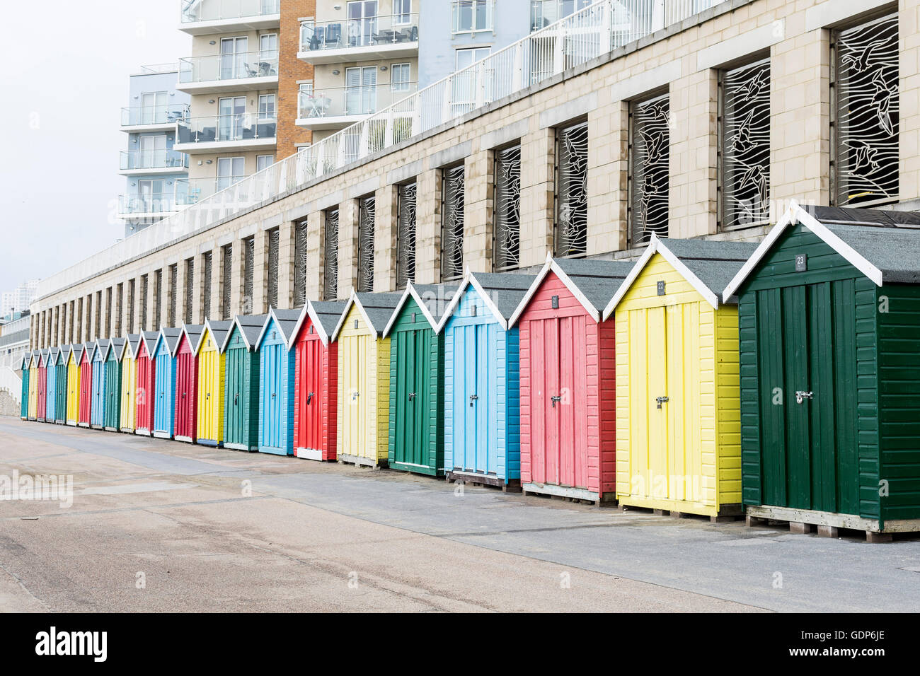 Row of colourful beach huts, Bournemouth beach, Bournemouth, Dorset, UK ...