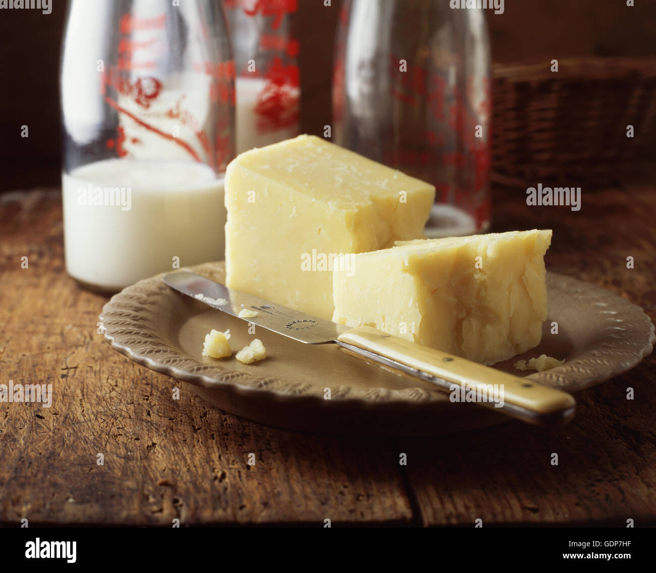 Food, dairy, mature cheddar cheese, bottles of milk, traditional ...