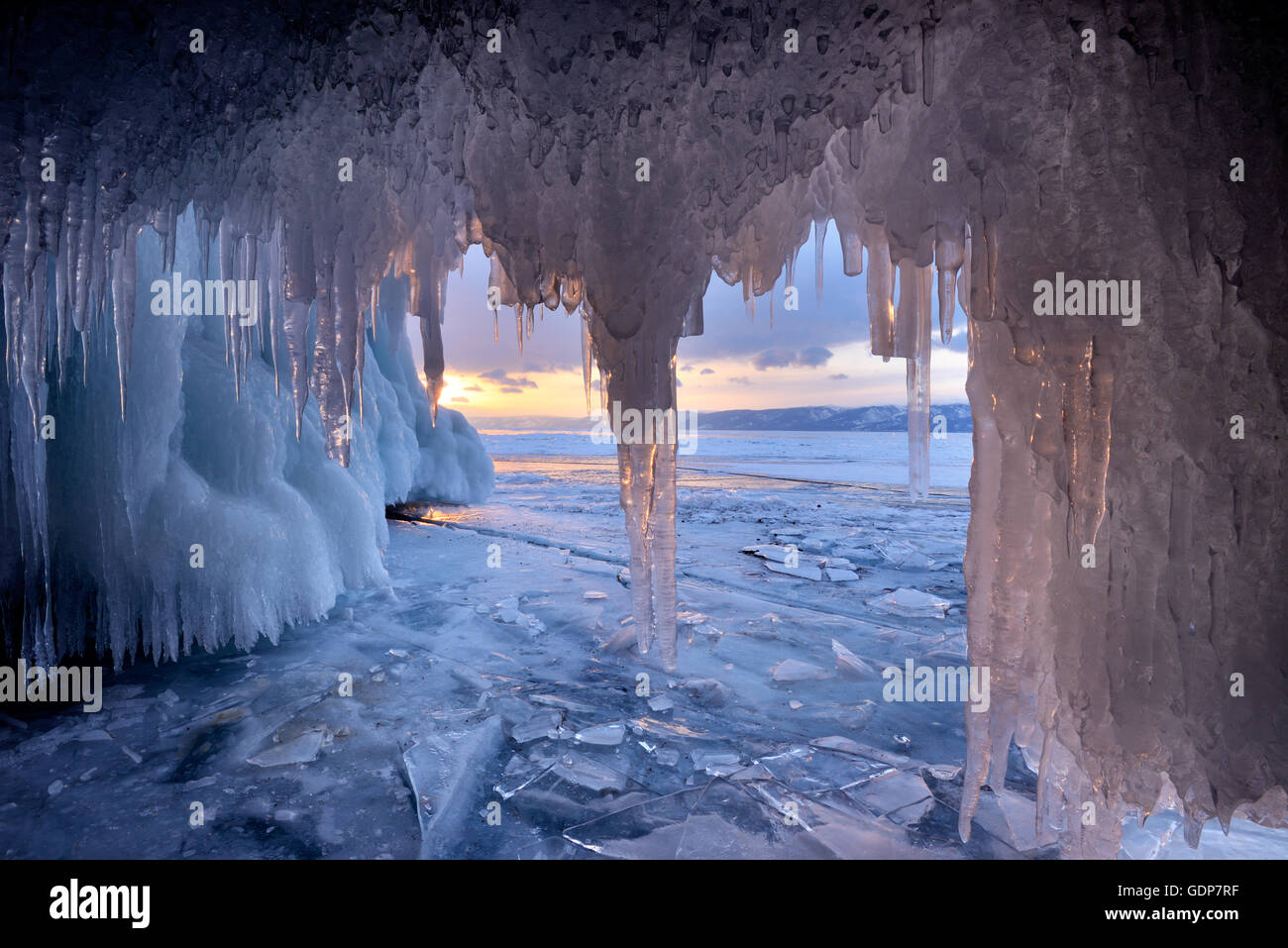 Kharantsy ice caves and icicles, Baikal Lake, Olkhon Island, Siberia, Russia Stock Photo - Alamy