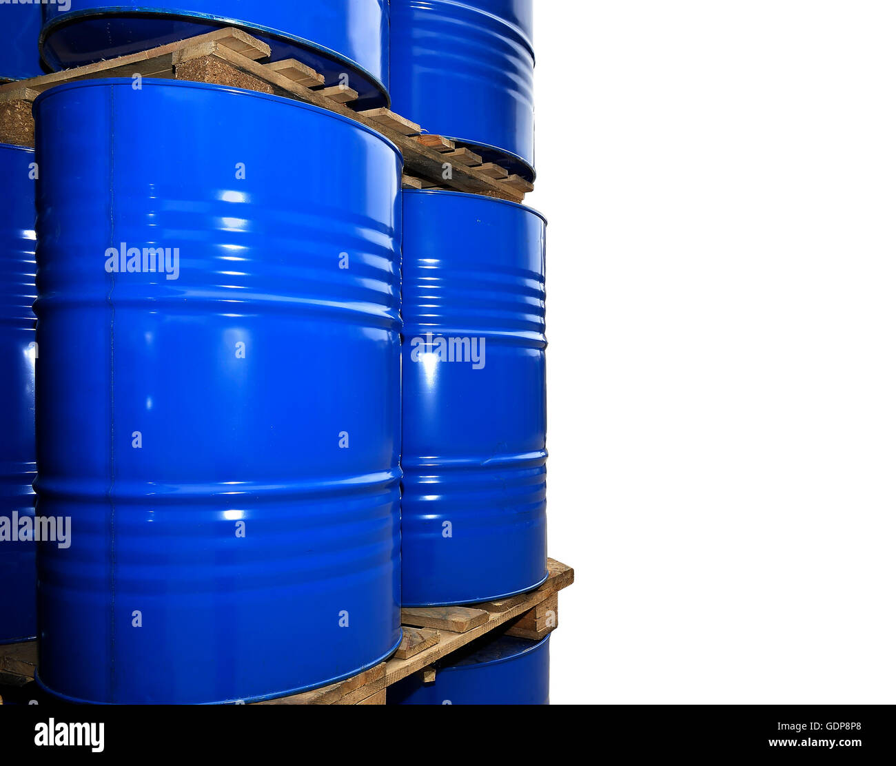 Blue metal fuel tanks of oil stored at the production site isolated on ...