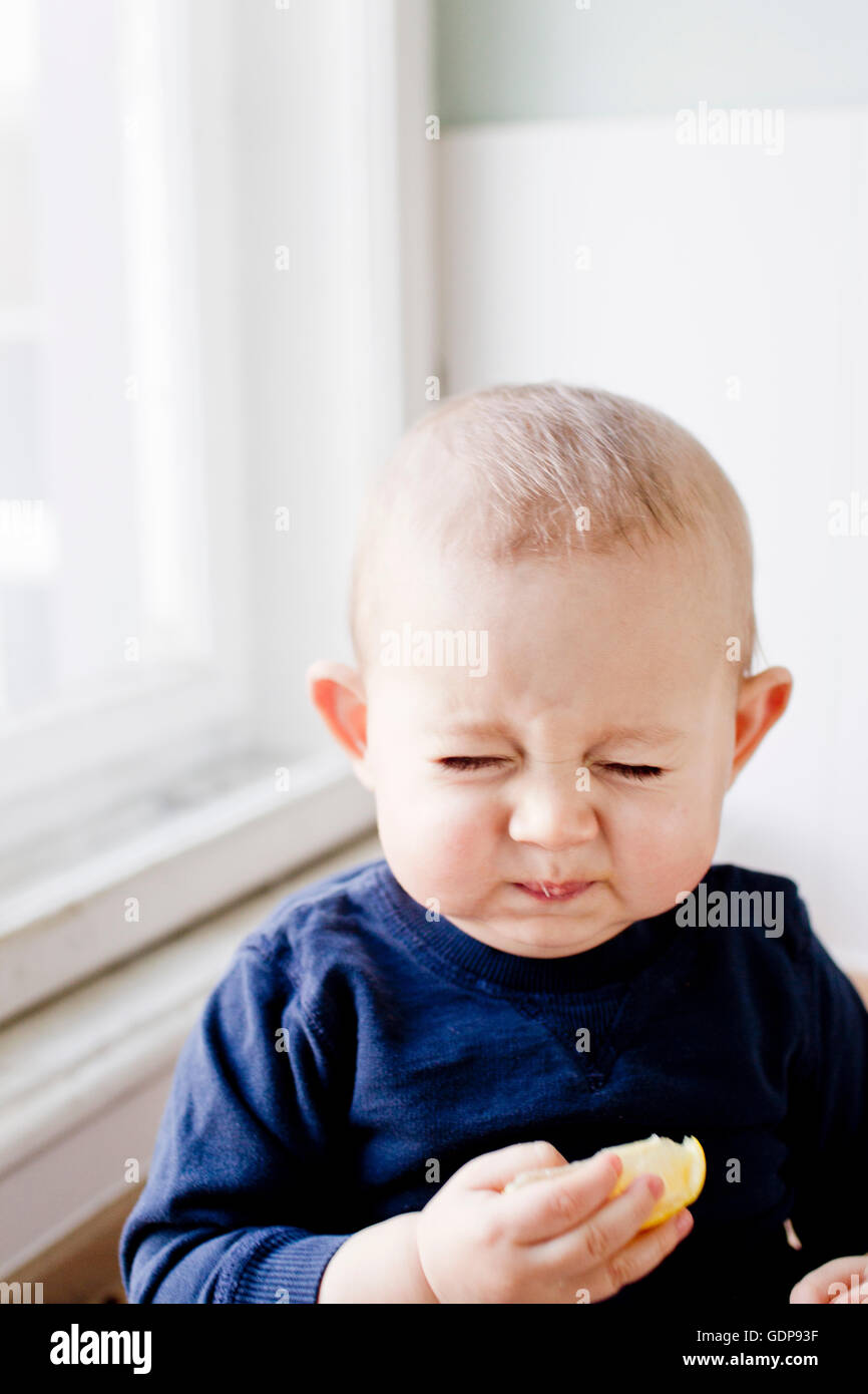 Portrait of baby boy tasting lemon slice and pulling a face Stock Photo ...