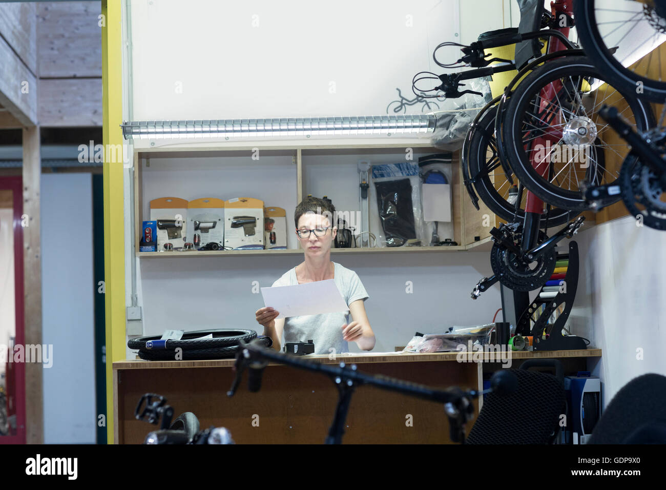 Woman in bicycle workshop behind counter looking at paperwork Stock ...